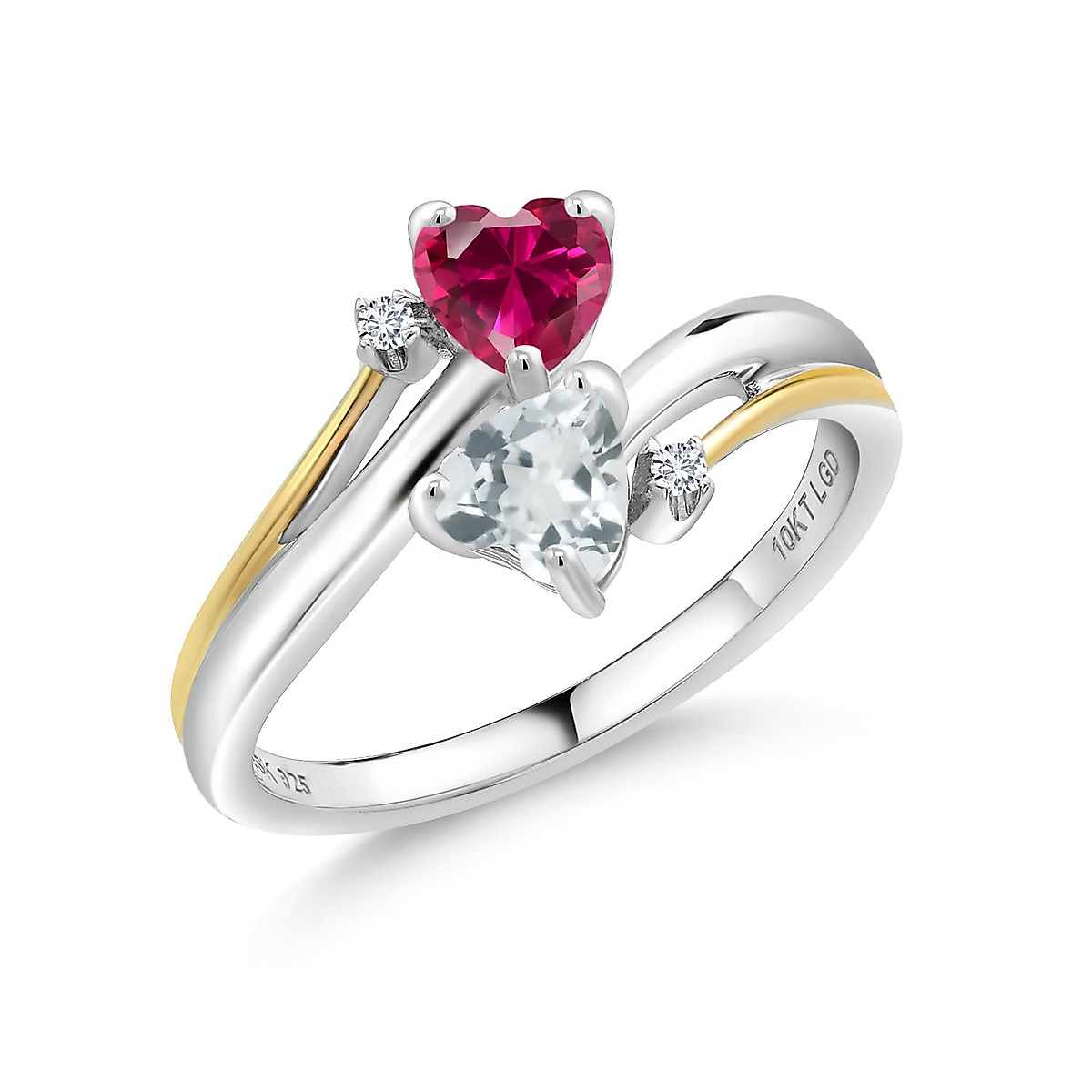 2-Tone 925 Sterling Silver and 10K Yellow Gold Red Created Ruby Sky Blue Aquamarine and White Lab Grown Diamond Women Ring (1.04 Cttw, Gemstone Birthstone, Available In Size 5, 6, 7, 8, 9)