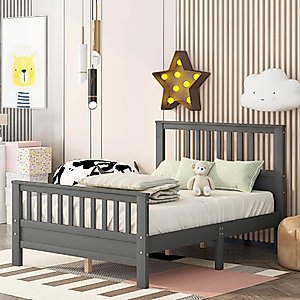 Merax Full Bed Frame,Wood Platform Bed with Headboard,Full Size Bed Frame for Kids,No Spring Box Needed (Grey Full Bed)