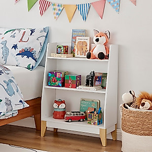 Danya B. Steiner White 3-Tier Kids Book or Toy Figure Display Unit Freestanding Bookshelf with Contrasting Wood-Toned Legs