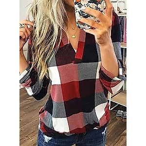 Dokotoo Women's Spring Summer Fall Fashion Casual Ladies Basic Cotton Cuffed 3/4 Long Sleeve Plaid Print V Neck Work Tops Tunic Shirts and Blouses for Women 2024 Red