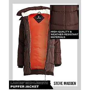 Steve Madden Women's Long Parka - Insulated Quilted Puffer Winter Coat for Women with Faux Sherpa Hood (Sizes: S-XL), Size Medium, Brown