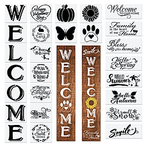 WELCOME Letter Stencils for Painting on Wood Canvas and More - Reusable Large Alphabet Calligraphy Font for Home and Front Door, Porch or Outside Decoration Fabric Chalkboard Plastic