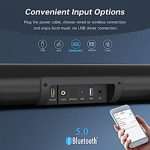 BESTISAN Sound Bar, 80 watts 33.5 inch Sound Bars for TV with Bluetooth 5.0, 3 EQs, Bass Adjustable, HDMI-ARC/Optical/Coaxial/Aux/USB Connection for Home Theater, Gaming, PC, Projectors, 2024 Version