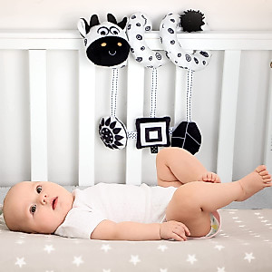 Baby Hanging Stroller Toy, Animal Spiral Plush Circle Activity Car Seat Travel Toys, Black and White Squeak Early Educational Toy for Newborn Boys or Girls