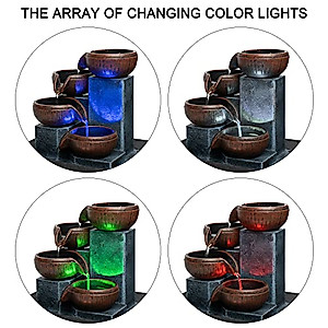 Small Indoor Waterfall Fountain-Tabletop Fountain 4 Level-Indoor Desktop Fountain with Audible Calming Waterfall Sounds for Feng Shui Effect-Cascading LED Color Lighting
