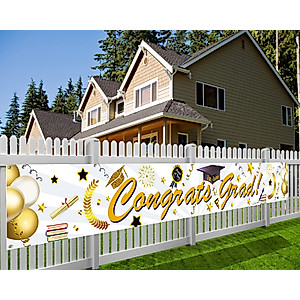 HOWAF Long Congrats Grad Fabric Banner for 2022 Graduation Party Decoration Gold and White, Graduation Banner Decoration Graduation Commencement Decoration of Table Wall Room Outdoor, with String