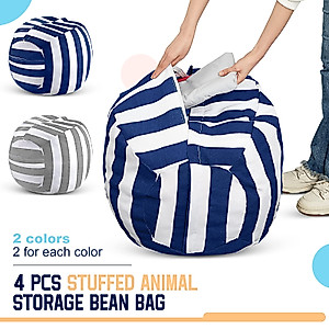 Windyun 4 Pcs Stuffed Animal Storage Bean Bag Chair Cover 24 Inch Stripe Blue and Grey with Zipper for Organizing Plush Toys Kid and Adult