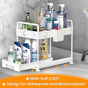 Vantency 2 Pack Under Sink Organizer, 2 Tier Sliding Under Kitchen Cabinet Storage Drawer with Hooks, Hanging Cup, Dividers, Handles and Anti-Slip Foot Mats (2PC-White)
