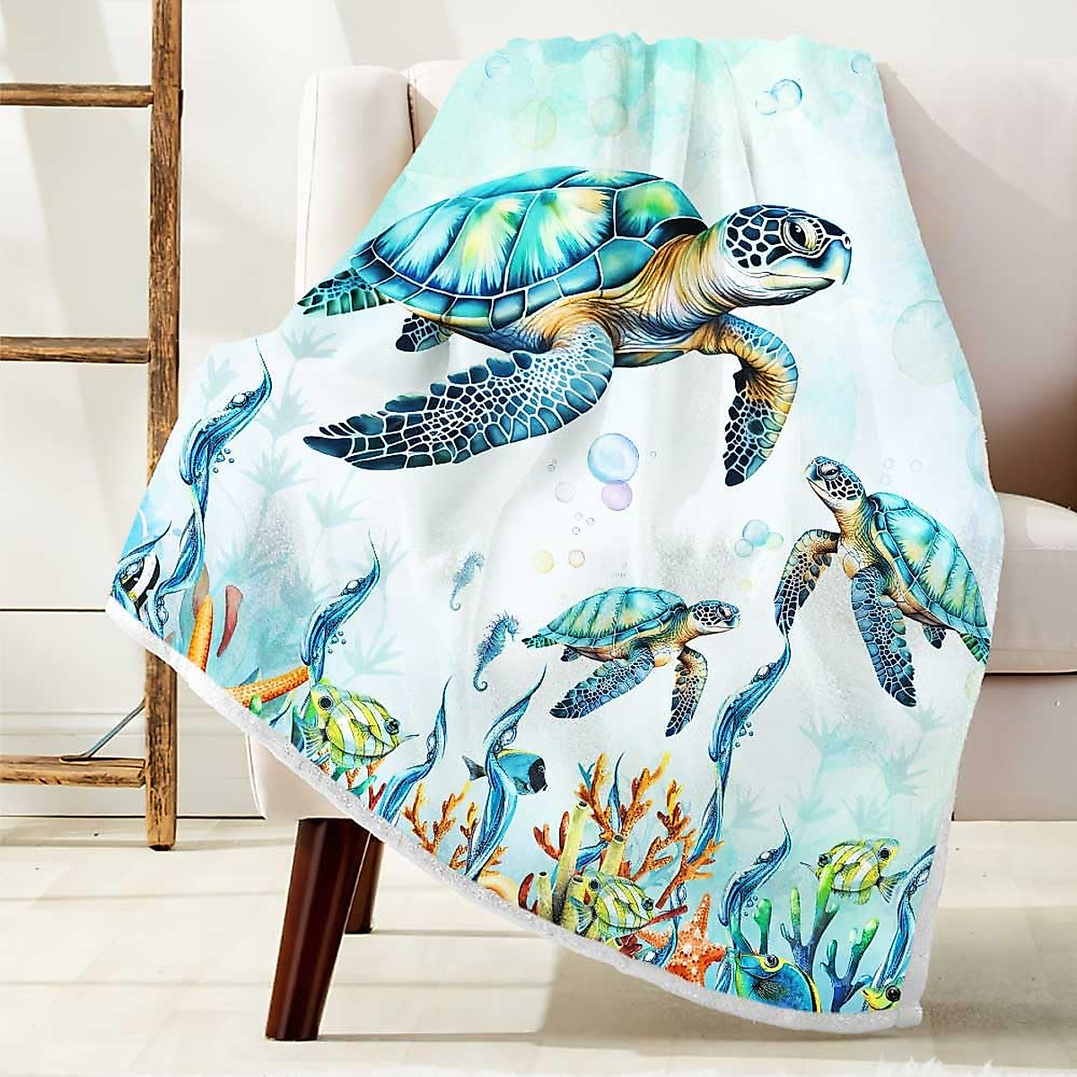 Turtle Blanket Sea Animal Starfish Throw Blanket Kids Blankets Throws Sea Turtle Gifts for Women Boys Girls Aqua Teal Blue Super Soft Cozy Flannel Throw Blanket for Couch Sofa Bed 50"x 60"