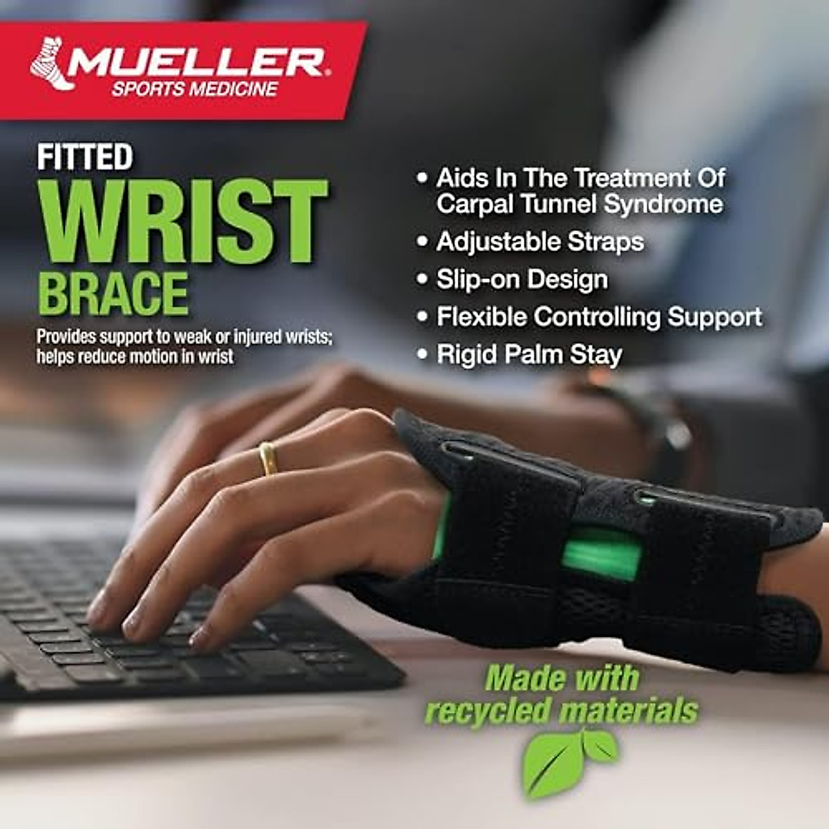 MUELLER Sports Medicine Green Fitted Wrist Brace, Wrist Pain Relief Support for Men and Women, Ideal for Carpal Tunnel, Tendinitis, Arthritis, Right Hand, Black, Large/X-Large
