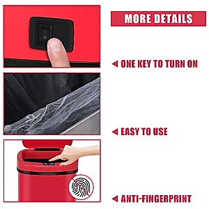 Automatic Trash Can 13 Gallons Garbage Can Waste Bin with Lid Kitchen Touchless Sensor Trash Bins Brushed Stainless Steel Garbage Bin for Home Office Bathroom, Red