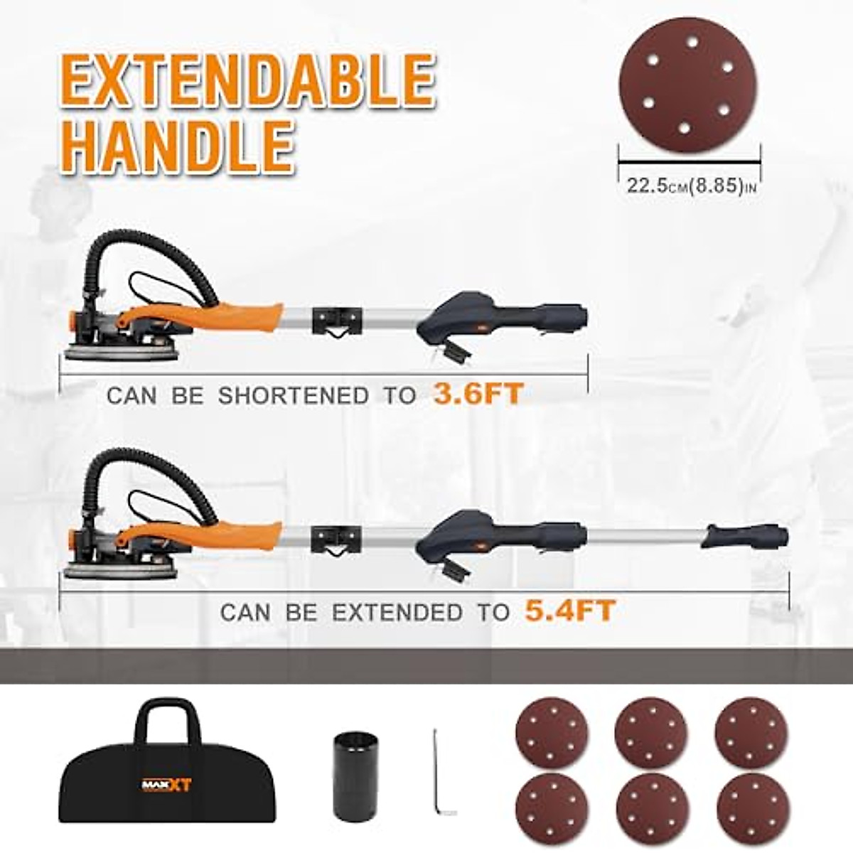 MAXXT Drywall Sander Electric Foldable Wall Sander REAL self-priming system LED light telescopic handle variable speed 6.5A motor six 9-inch sanding discs dust bag