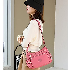 YaJaMa Multi Zipper Women Crossbody Bag Large Capacity Nylon Travel Shoulder Messenger Bag Handbag Satchel (Pink)