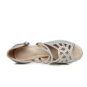 Minishion Women's Dance Heel Platform Toe Rhinestone Dancing Shoes L458 Silver US 4