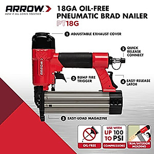 Arrow PT18G Gauge Oil-Free Pneumatic Brad Nailer - Small Light Trim and Interior Molding Work, Operates Up to 100psi Compression Unit, Fits 5/8", 3/4", 1", 1.5", 2" Brad Nails