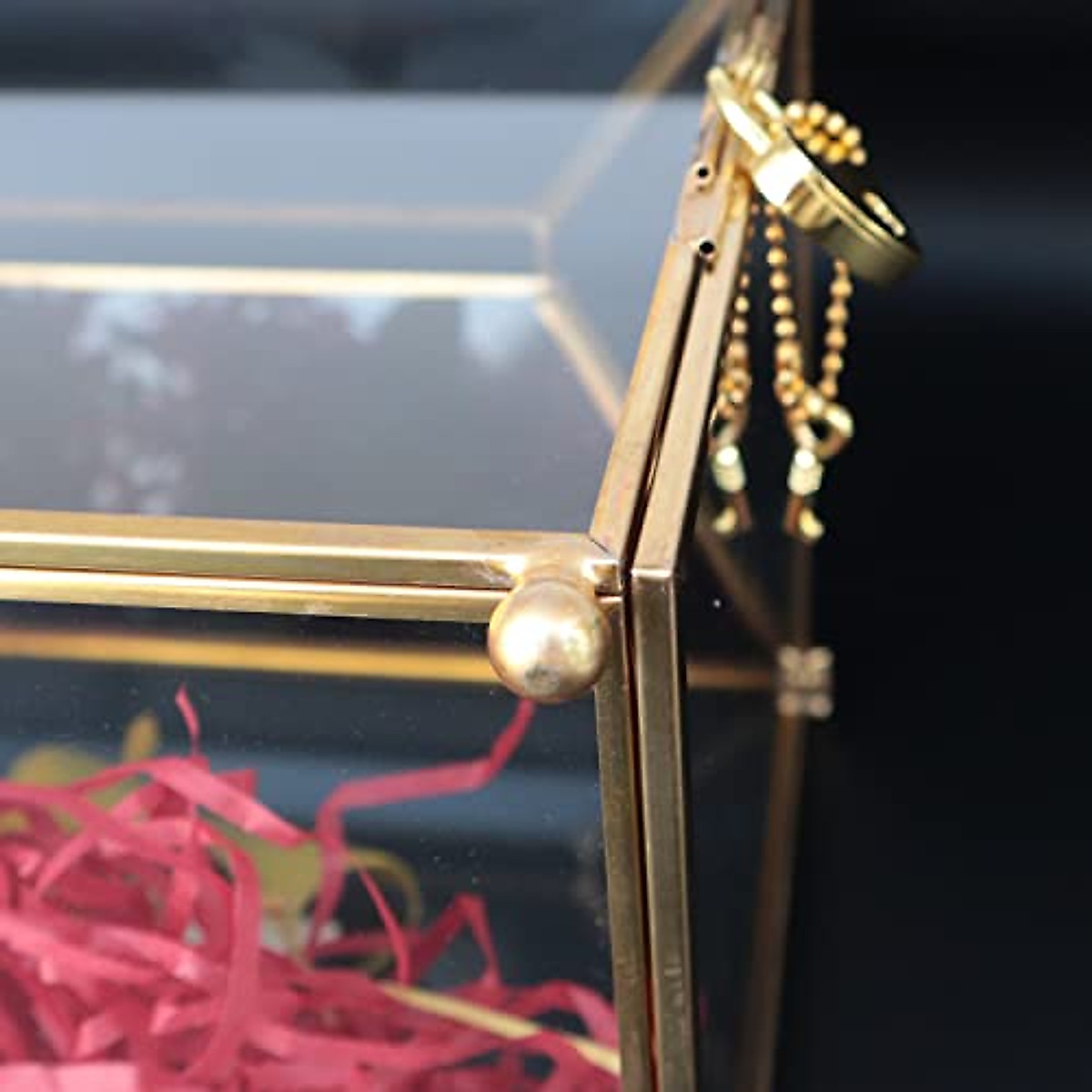 QLQSIMON 10.2'' Handmade Gold Geometric Terrarium - Glass Wedding Card Box with Slot and Lock- Large Clear Display Box for Wedding Reception, Wishwell, Keepsake