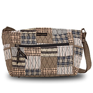 Bella Taylor Ninepatch Star Claire Quilted Cotton Country Patchwork Crossbody Shoulder Bag; Burgundy and Tan