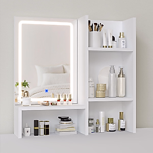 WOPITUES Vanity Mirror with Lights for Desk, Small Makeup Vanity with Lights, White Vanity Organizer, Make up Organizers for Vanity, Dresser for Bedroom with 3 Storage Shelves, Dimmable 3-Color Lights
