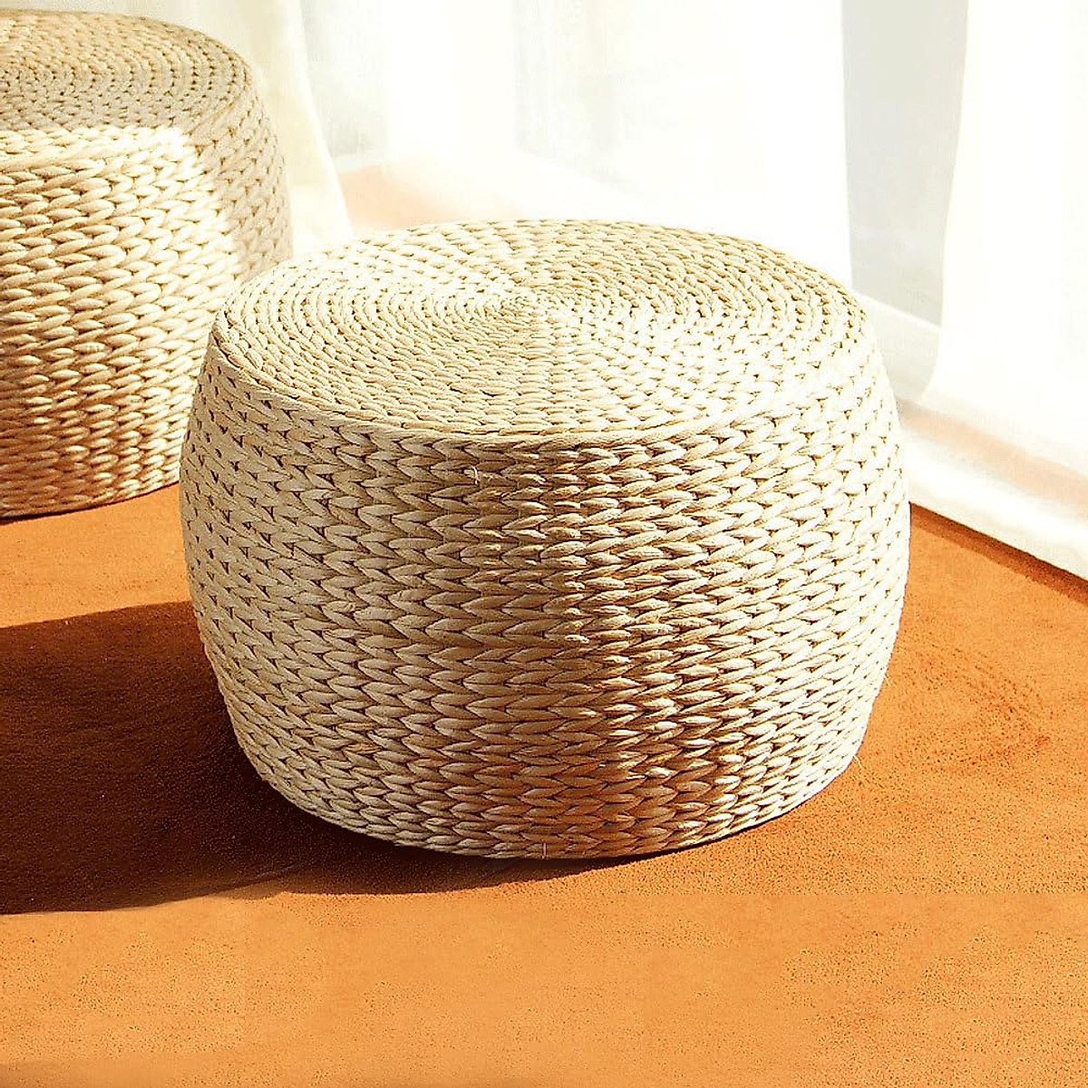 Baluue Round Pouf Ottoman 12.2" Patio Pouf Ottoman, Natural Jute Woven Boho Foot Rest Stool, Hand Woven Natural Seagrass Rattan Indoor Outdoor Patio Seat