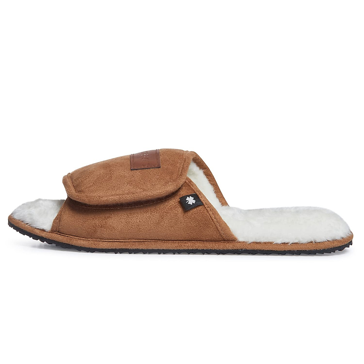 Lucky Brand Mens Microsuede Memory Foam Open Toe Slippers, Cool Adjustable Strap Indoor Outdoor House Sliders for Men, Tan, Large