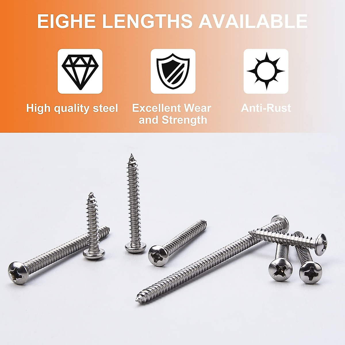 Self Tapping Screws, Preciva 304 Stainless Steel 200 PCS, 8 Sizes Round Head Phillips Drive Self Drilling Screw Assortment Kit for Metal Wood Furniture Electronic Products