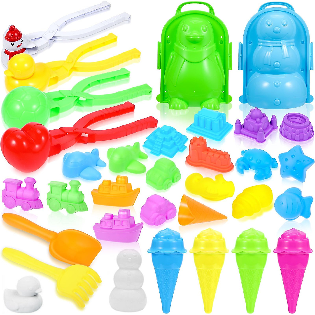 Shappy 32 Pcs Winter Snow Toys for Outdoor Snowball Maker Tool Kit with Handle for Snow Ball Shapes Maker Fights Duck for Adults Snow Sand Toys