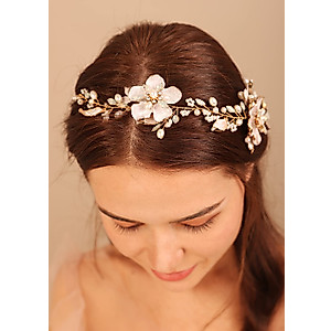 Kercisbeauty Wedding Bridal Gold Headband Women and Girls Flower Hair Piece for Special Occasion Photo Shoot Hair Vine Jewelry