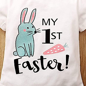 Gushehua 3Pcs Baby boy Easter Outfit Short Sleeve Bodysuit Romper Rabbit Pants Headband Bunny Ear Hat Summer Clothes (White +Blue, 12-18Months)