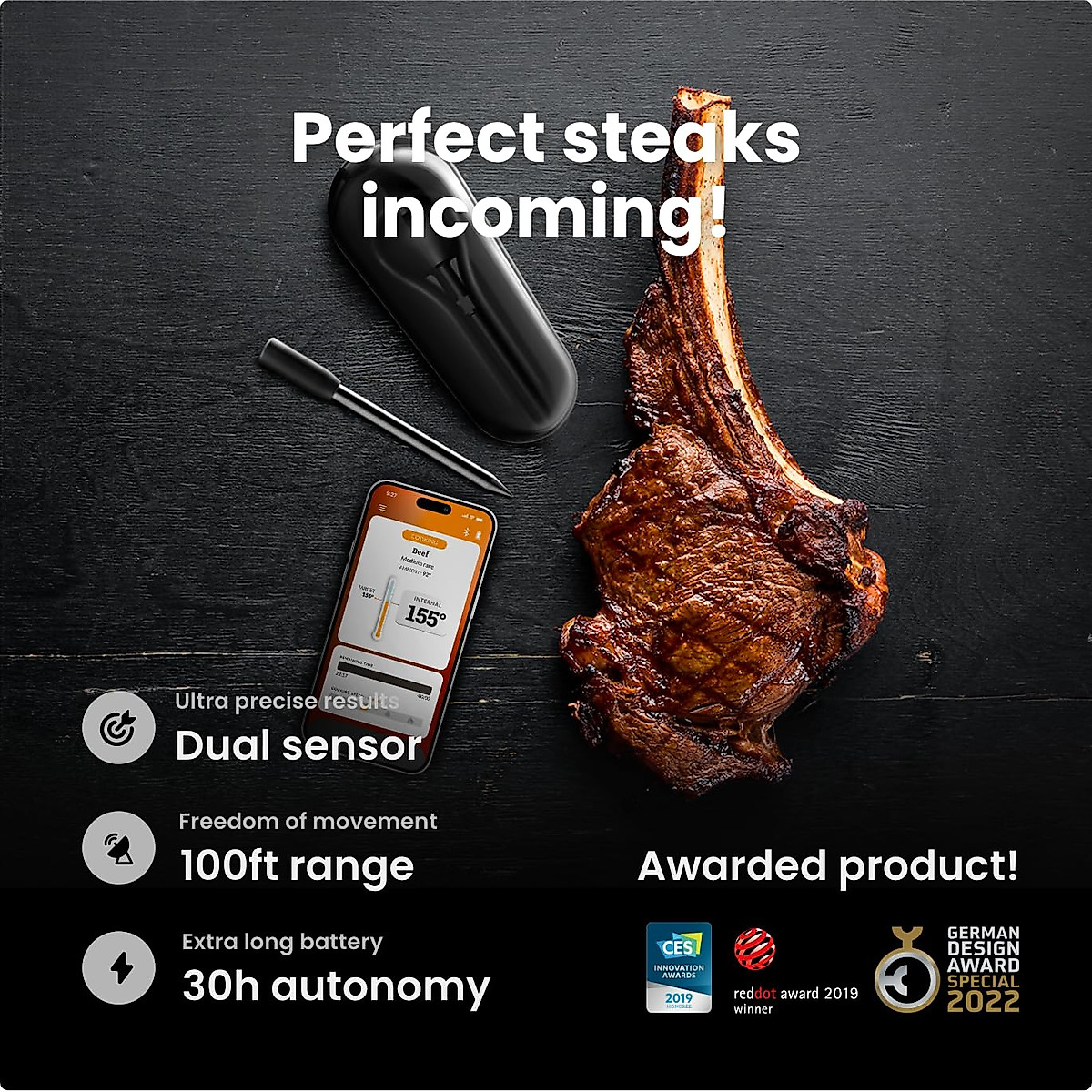 MASTRAD - Meat°it + - 100% Wireless Smart Meat Thermometer with Bluetooth Booster - Oven, BBQ, Grill, Smoker, Kitchen, Rotisserie
