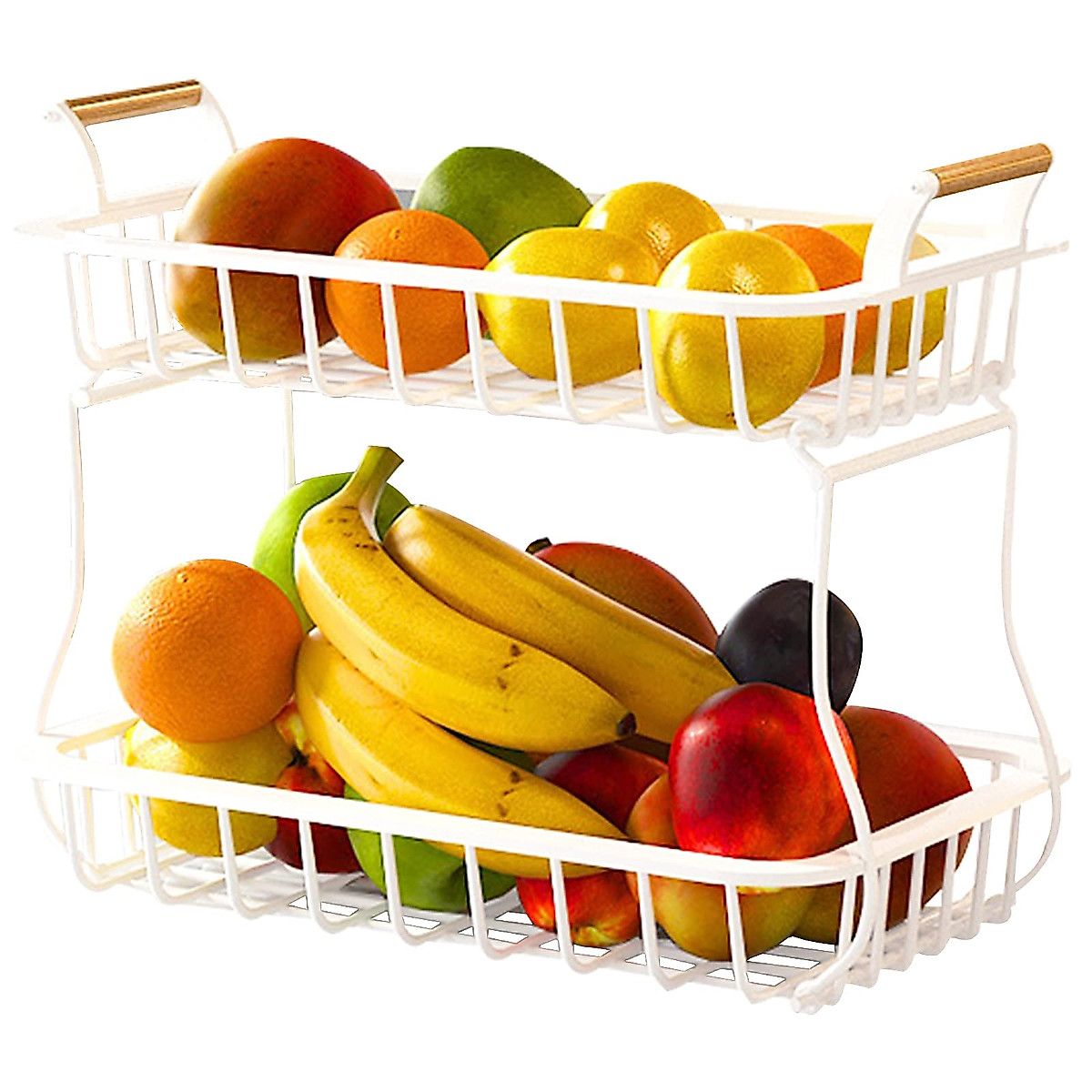 2 Tier Fruit Storage Basket Countertop for Kitchen, Bread Vegetable Farmhouse Fruit Basket Bowl Stand Detachable Metal Wire Basket with Wooden Handle for Kitchen, Reception, Dining Table（White）