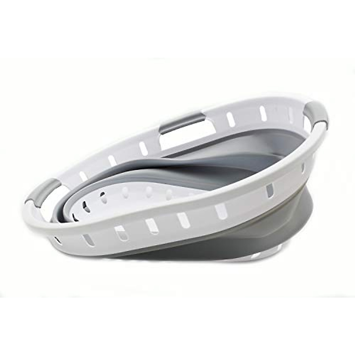 SAMMART 36L (9.5 Gallon) Collapsible 3 Handled Plastic Laundry Basket - Oval Basket - Foldable Storage Container/Organizer - Space Saving Laundry Hamper (White/Grey)