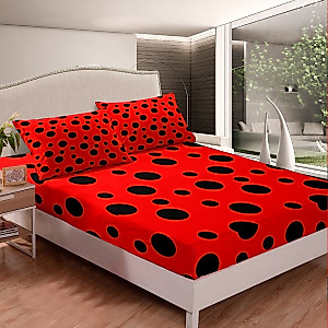 Ladybug Bedding Set Twin Size Red and Black Bed Set for Girls Teens Bedroom Decor Kids Polka Dot Pattern Fitted Sheet Soft Microfiber Cartoon Theme Bed Cover(1 Fitted Sheet+1 Pillow Case)
