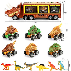 21 Pack Dinosaur Toys for Kids 3-7, Dinosaur Truck with Oversized Dinosaur Map, Flashing Lights, Music and Roaring Sound, Kids Toys with 6 Pull Back Dinosaur Cars, 6 Dinosaur Toys (Brown)