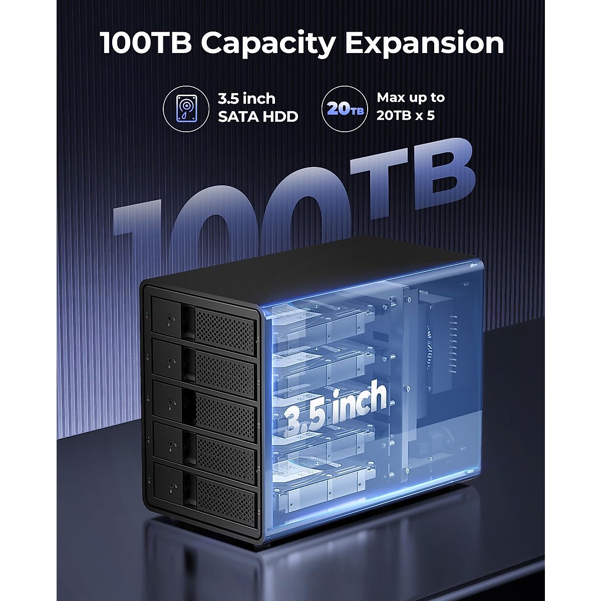 ORICO 5 Bay Raid Hard Drive Enclosure Aluminum USB 3.0 to SATA Hard Drive Tray Less Docking Station Max Up to 100TB Support RAID 0/1/3/5/10/JBOD Single Mode, Designed with Safety Lock-9558RU3