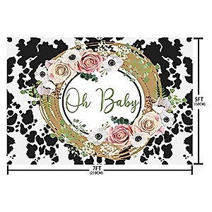 ABLIN 7x5ft Oh Baby Backdrop Black and White Cow Print Photography Background Pink Floral Holy Cow Baby Shower Banner Farm Cow Theme Baby Shower Decorations Photo Shoot Props, CQ327