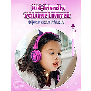 SIMJAR Cat Ear Kids Headphones with Microphone for School, Volume Limiter 85/94dB, Wired Girls Headphones with Foldable Design for Online Learning/Travel/Tablet/iPad (Purple)