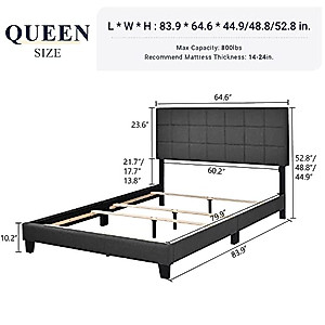 Allewie Queen Size Panel Bed Frame with Adjustable Headboard for High Profile/Fabric Upholstered/Square Stitched Padded Headboard/Box Spring or Bunkie Board Required/Dark Grey