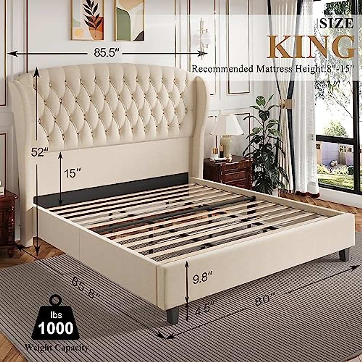 Jocisland Upholstered Bed Frame King Size Platform Bed Linen Deep Button Tufted Handmade Headboard Shell Wingback/No Box Spring Needed/Wood Slats(Beige)