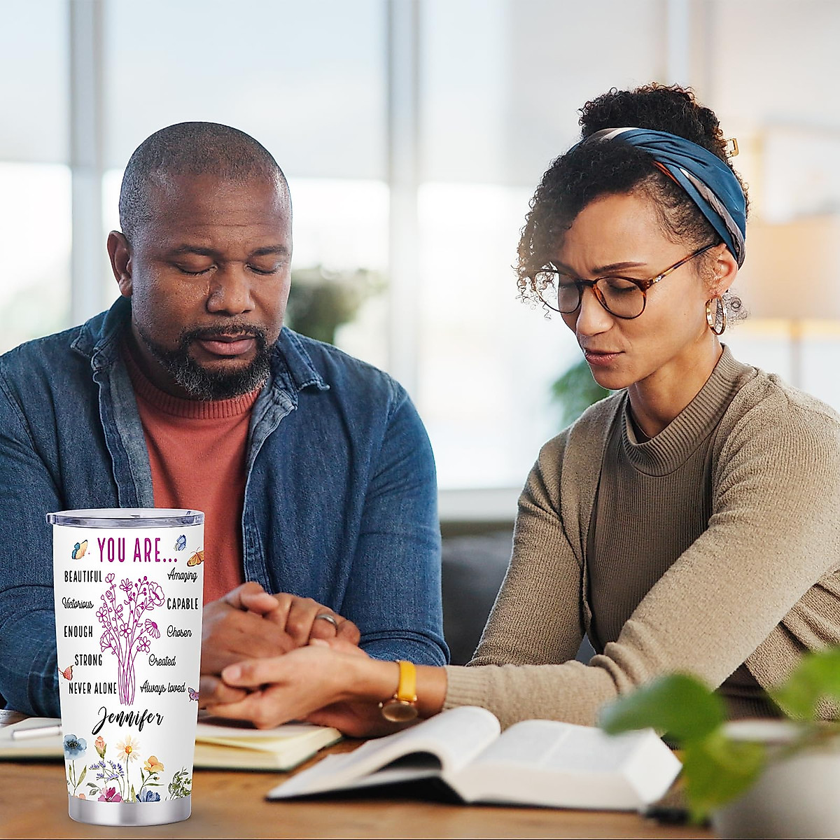 Inspirational Christian Tumbler With Name, 20 oz, Floral Design with Butterflies, Personalized Double Wall Insulated Travel Cups