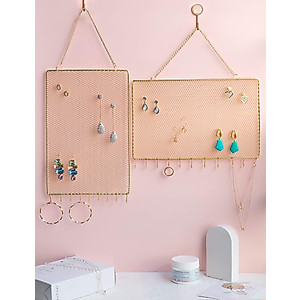 Heesch 2 Pack Earring Holder Wall Mounted Hanging Jewelry Organizer Display Decorative Metal Diamond Shape with Hooks for Necklaces Bracelets (Gold)