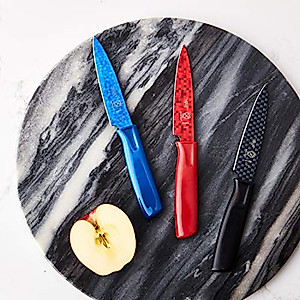 Mercer Culinary Non-Stick Paring Knives with ABS Sheaths, 4 Inch, Red/Blue/Black, 3 Pack