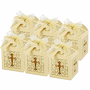 LEMESO 50 Pieces Baptism Favor Boxes, Laser Cut Favor Boxes with 50 Ribbons and 50 Cross Tags, Great for Christian, Baby Shower, Wedding Small Gift Bags Decorations - Gold Color