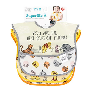 Bumkins Disney Bibs for Girl or Boy, SuperBib Baby and Toddler 6-24 Months, Essential Must Have for Eating, Feeding, Baby Led Weaning, Mess Saving Waterproof Soft Fabric, 3-pk Pooh Bear and Friends