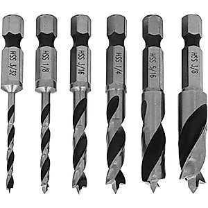 Bestgle 6 Pcs Brad Point Drill Bits(3/8", 5/16", 1/4", 3/16", 1/8", 3/32"), 1/4 Inch Hex Shank HSS Spiral Twist Wood Drill Bit Set for Soft, Hard, Veneered, Laminated Wood MDF Acrylic Woodworking Tool