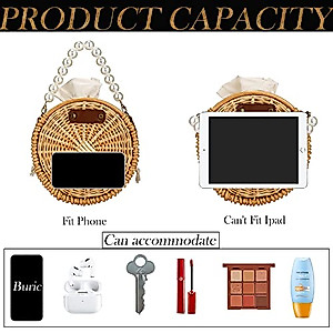 Buric Crossbody Bags for Women Beach Straw Purse Lightweight Women's Crossbody Handbags Fashion Pearl Shoulder Bag Retro Straw Handmade Bag Summer Basket Purse (Round)