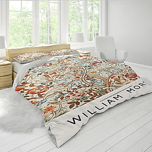 FEIPUHOME Art William Morris Rustic Floral Duvet Cover Set Vintage Garden Plants Herbs Flowers Botanical Classic Design 3 Piece Bedding Set Queen