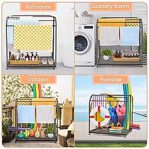 Flarhetoric Pool Towel Rack,Outdoor Pool Storage Rack with Rattan Base and 5 Towel Bars,Pool Float Storage with Compartments, Store Buoys, Pool Floats, Swimming Rings, Suitable for Outdoor/Indoor