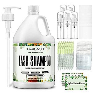 Lash Shampoo Bulk, Eyelash Cleanser for Extensions 1 Gallon / 3.8L - Includes 50 Aftercare Kits, 5 Foam Pump Bottles, Dispenser Pump - Eyelid Foaming Cleanser for Professional Salon and Home Use