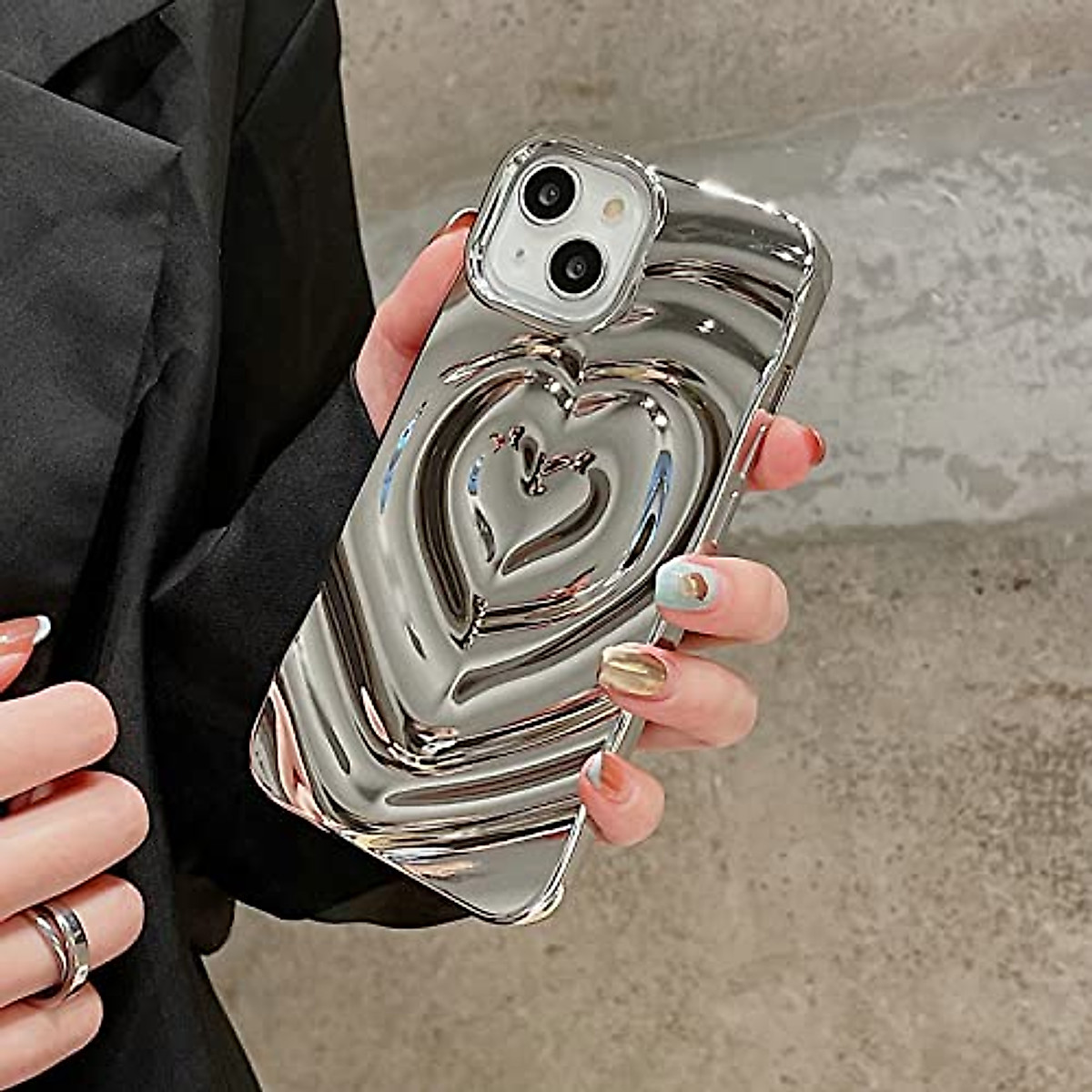 iPhone 14 Pro Max Love Heart Case, Fashion Cute Soft Silicone Electroplate Silver 3D Heart Water Ripple Bling Glitter Shockproof Women Girls Case Cover for iPhone 14 Pro Max