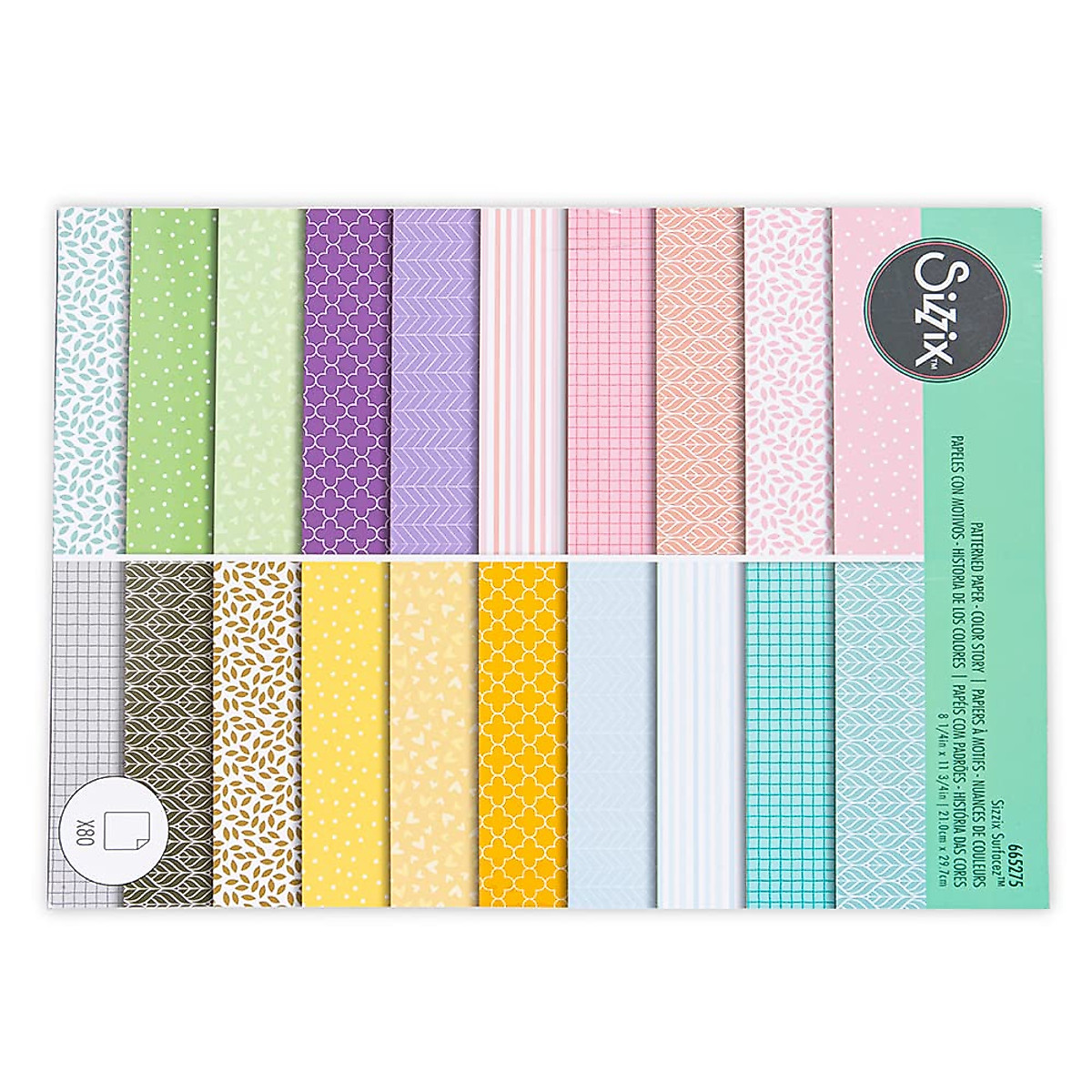 Sizzix Surfacez Patterned 665275, Double Sided Scrapbook Paper, 20 Colours, 8 1/4" x 11 3/4", 80 Pack, Multicolor